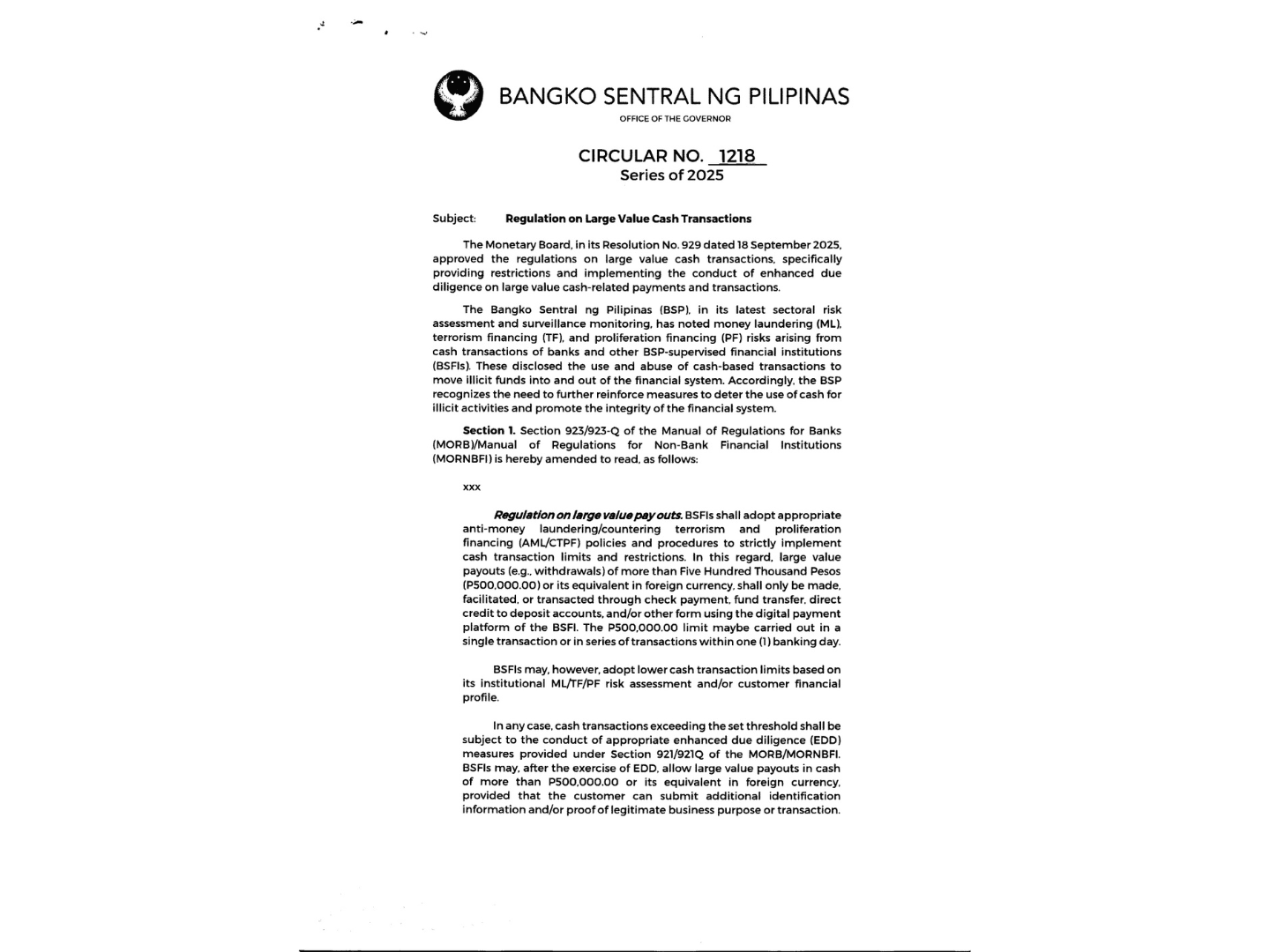 BSP Circular No 1218 Series of 2025